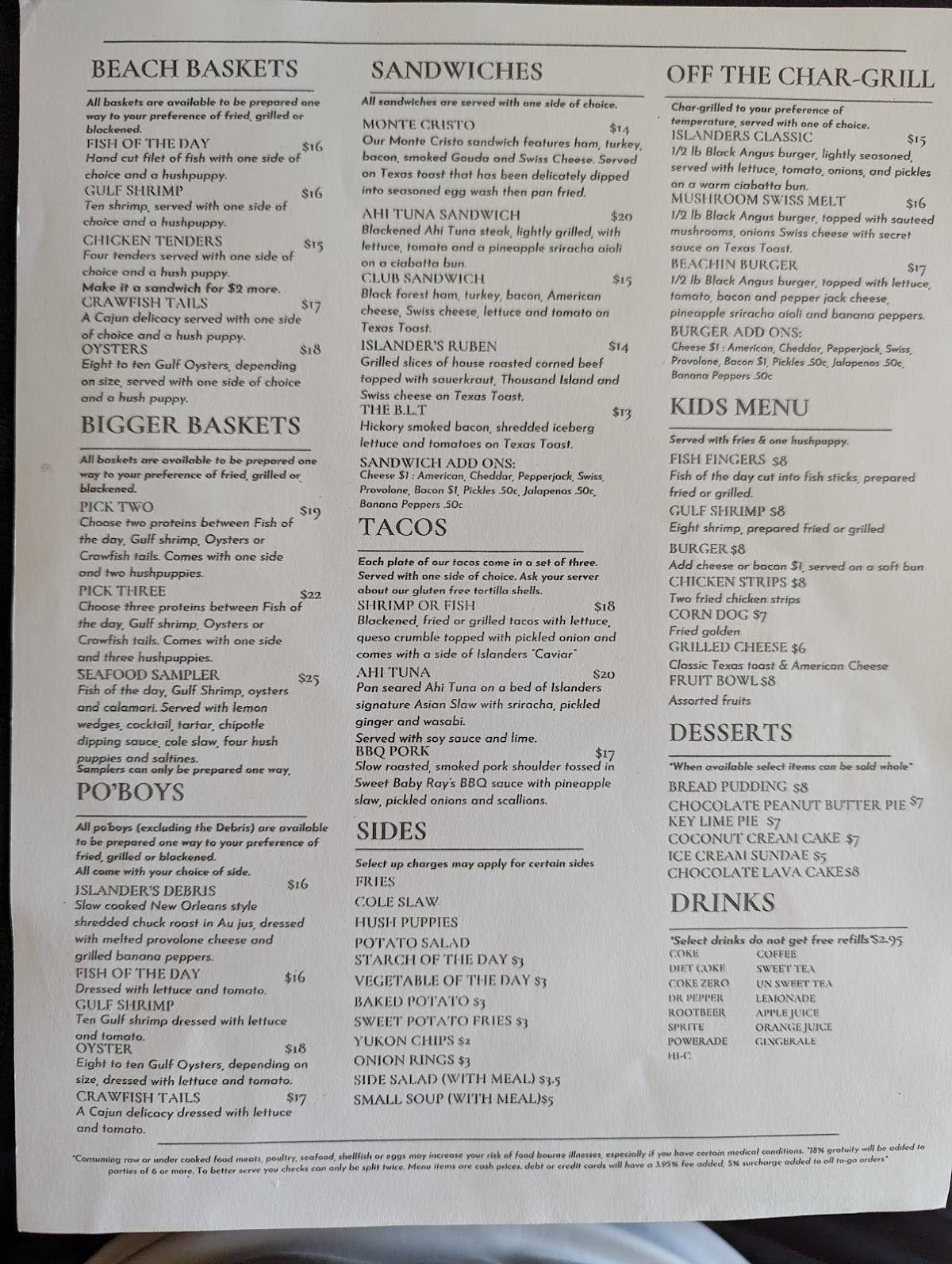 Menu at Islanders Restaurant & Bar, Dauphin Island