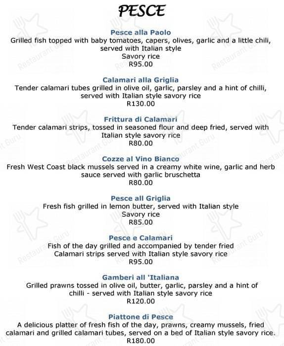 Menu at Italian Club, Cape Town