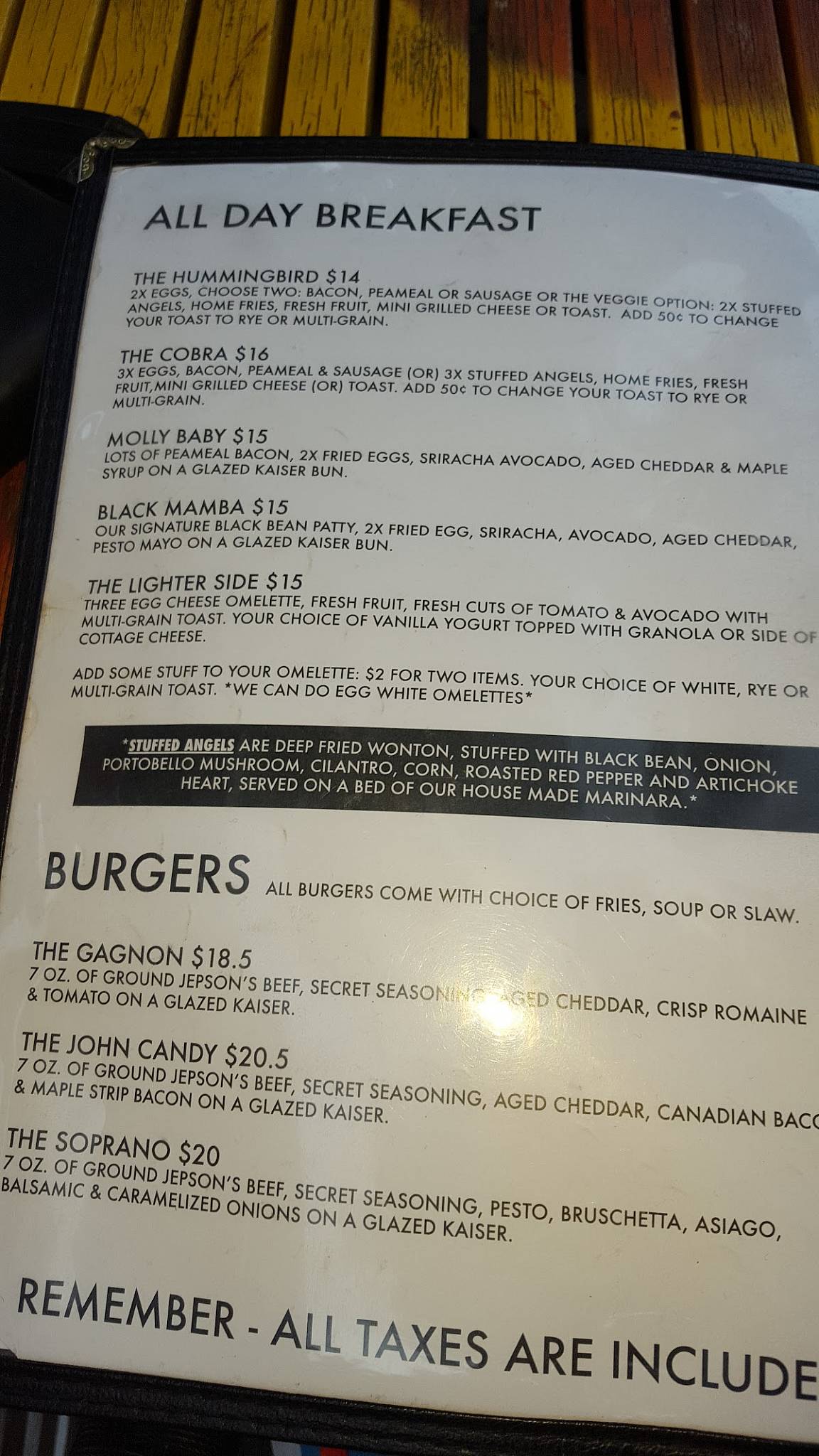 Menu at Jack & Lois restaurant, Hamilton