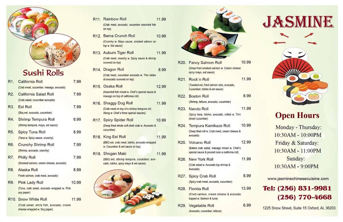 Menu at Jasmine Chinese & Thai Cuisine restaurant, Oxford