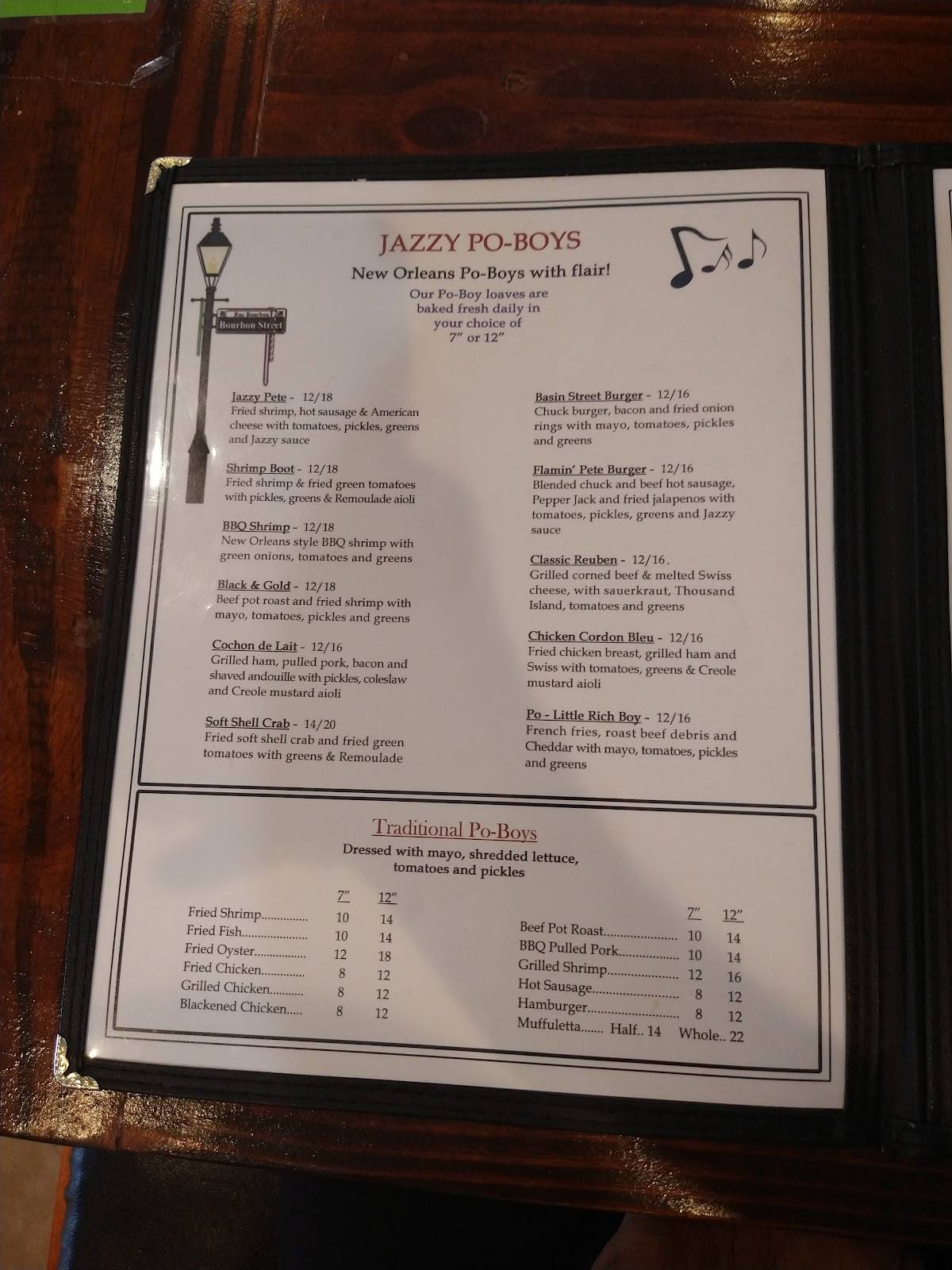 Menu at Jazzy Pete's Poboys restaurant, Slidell