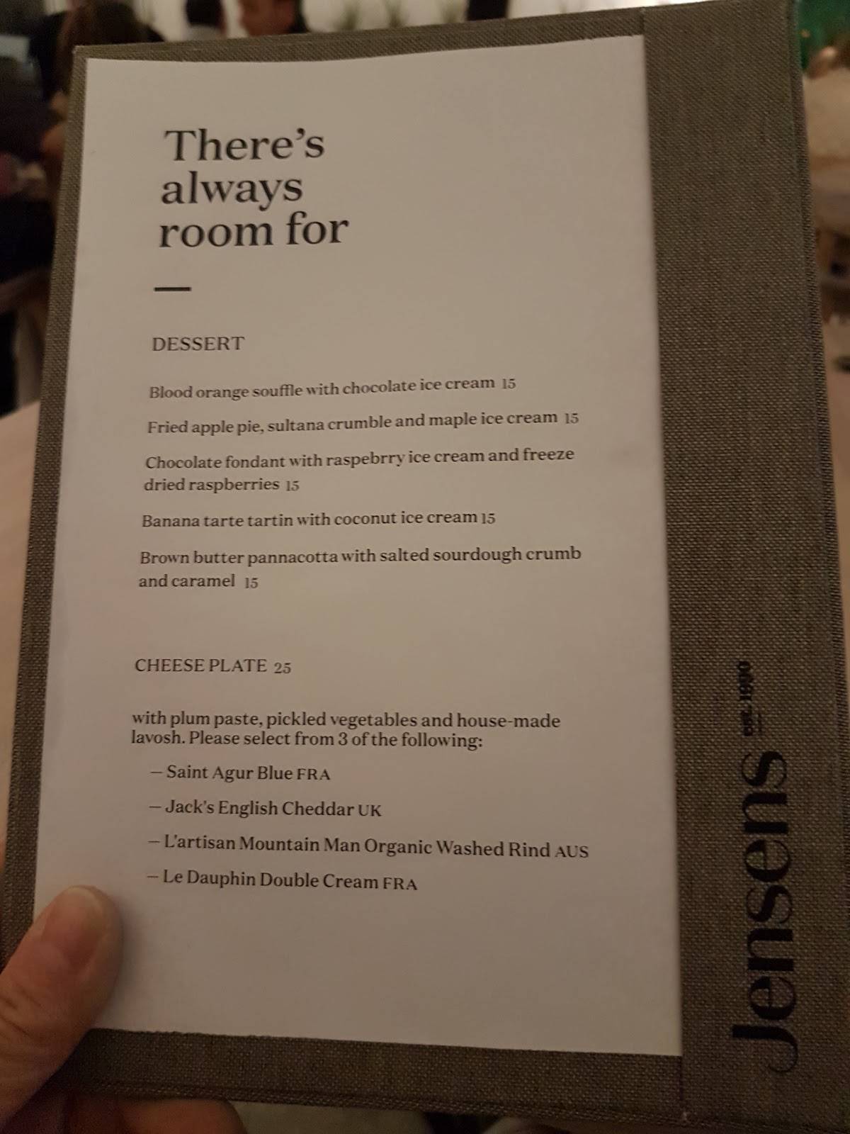Menu at Jensens Restaurant, Kareela