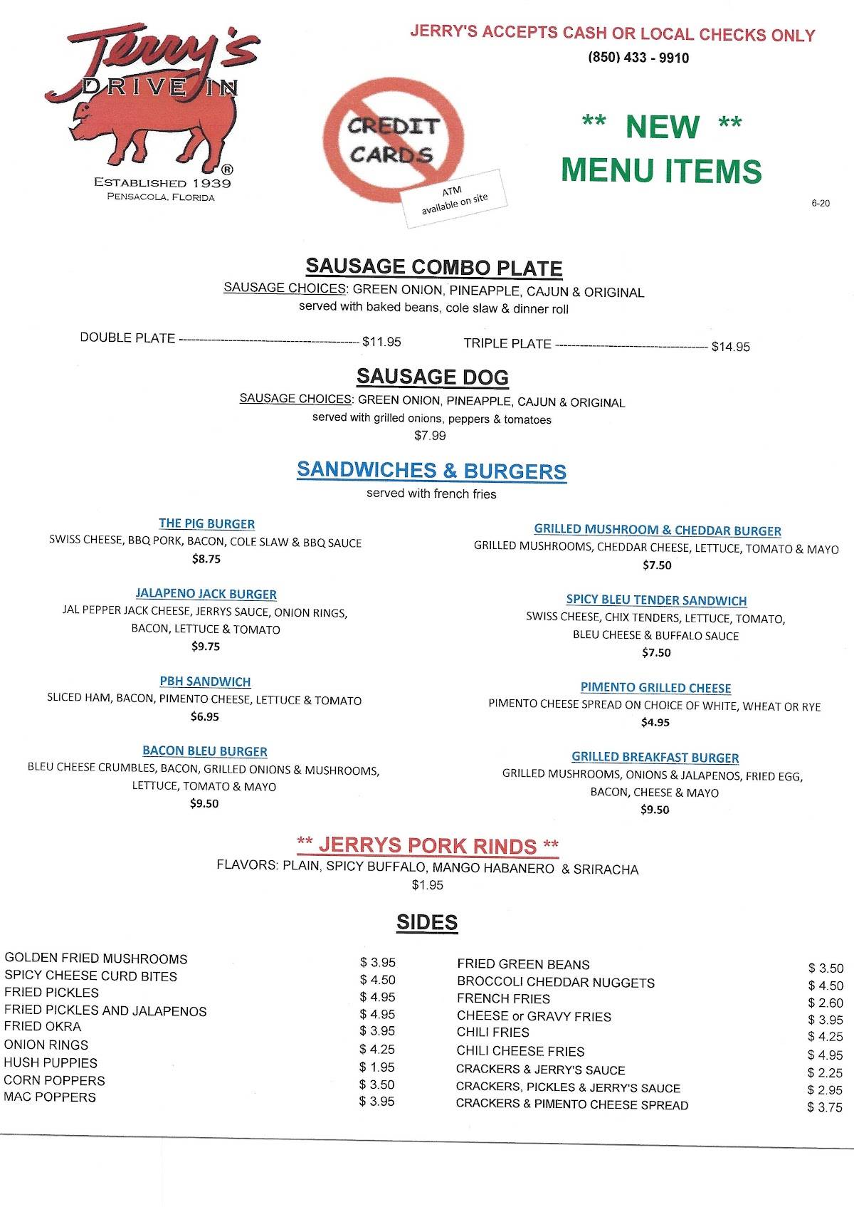 Menu at Jerry's Drive In restaurant, Pensacola