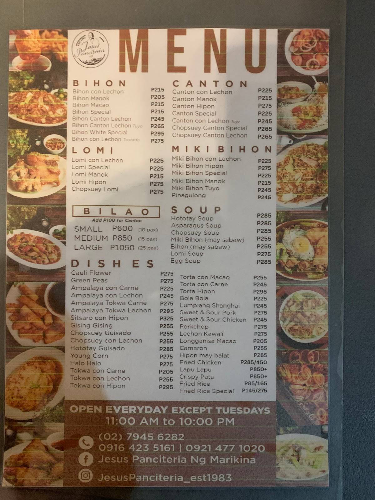 Carta del restaurante Jesus Panciteria, Mariquina