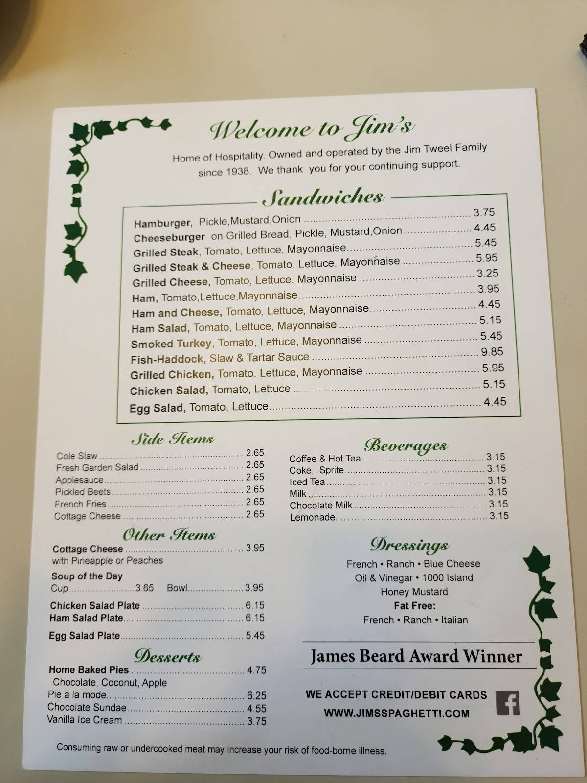 Menu at Jim's Steak & Spaghetti House restaurant, Huntington