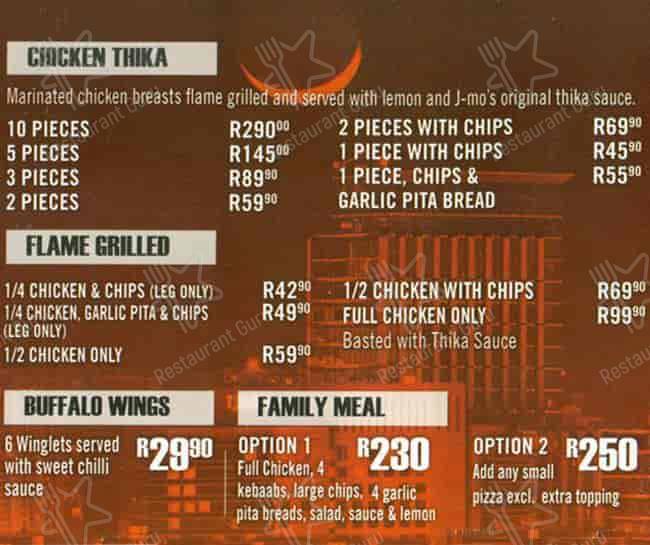 Menu at Jmos Musgrave restaurant, Berea, Durban