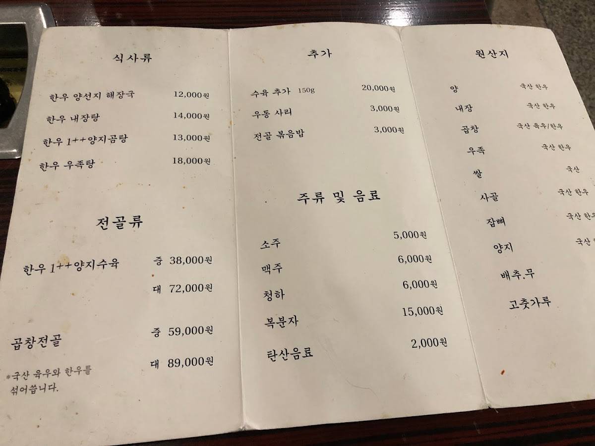Menu at Joongang Haejang restaurant, Seoul