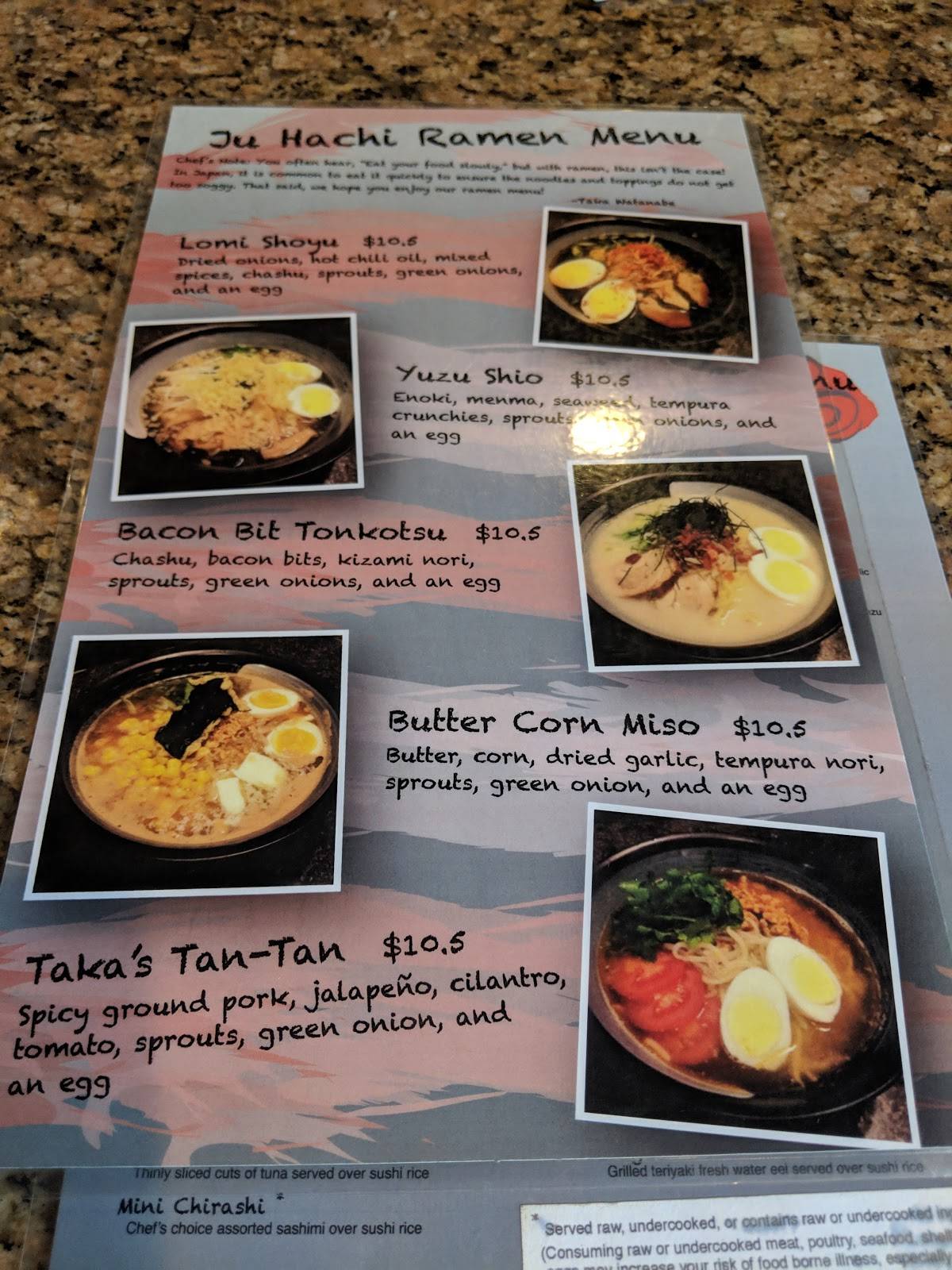 Menu at Ju Hachi restaurant, Sacramento