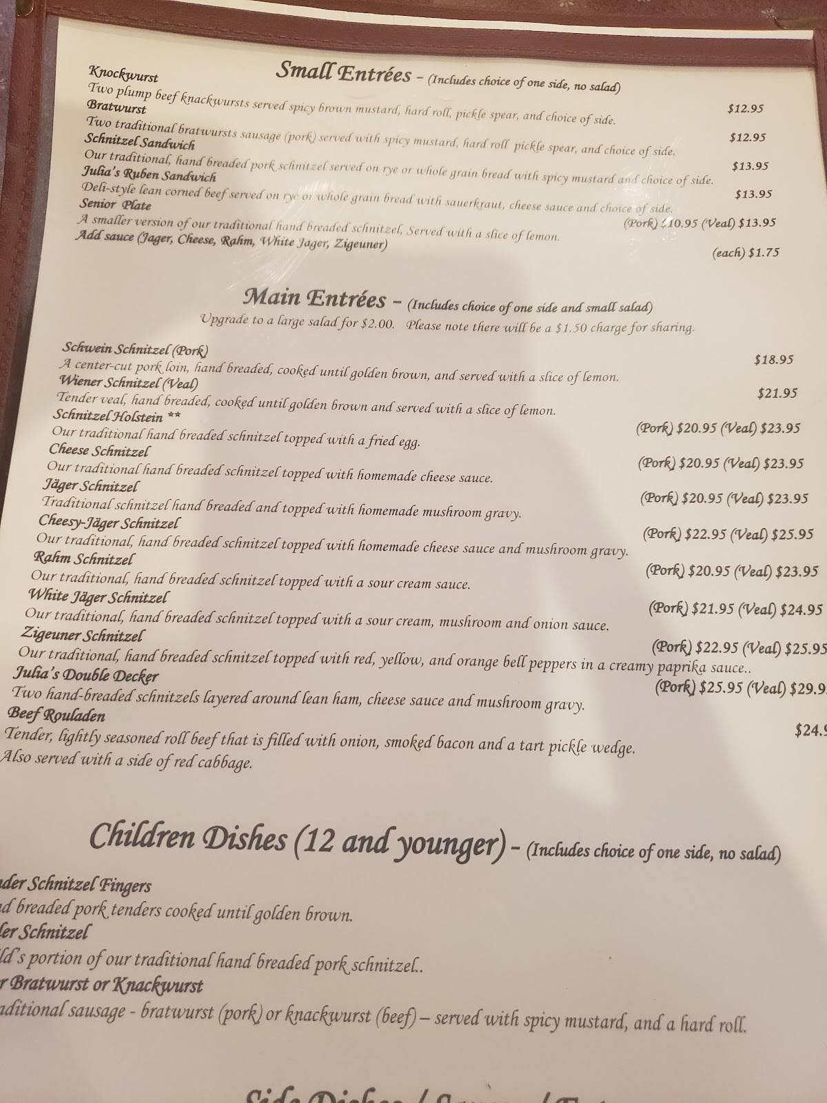 Menu at Julia's German Stammtisch restaurant, Columbia, 120 ...