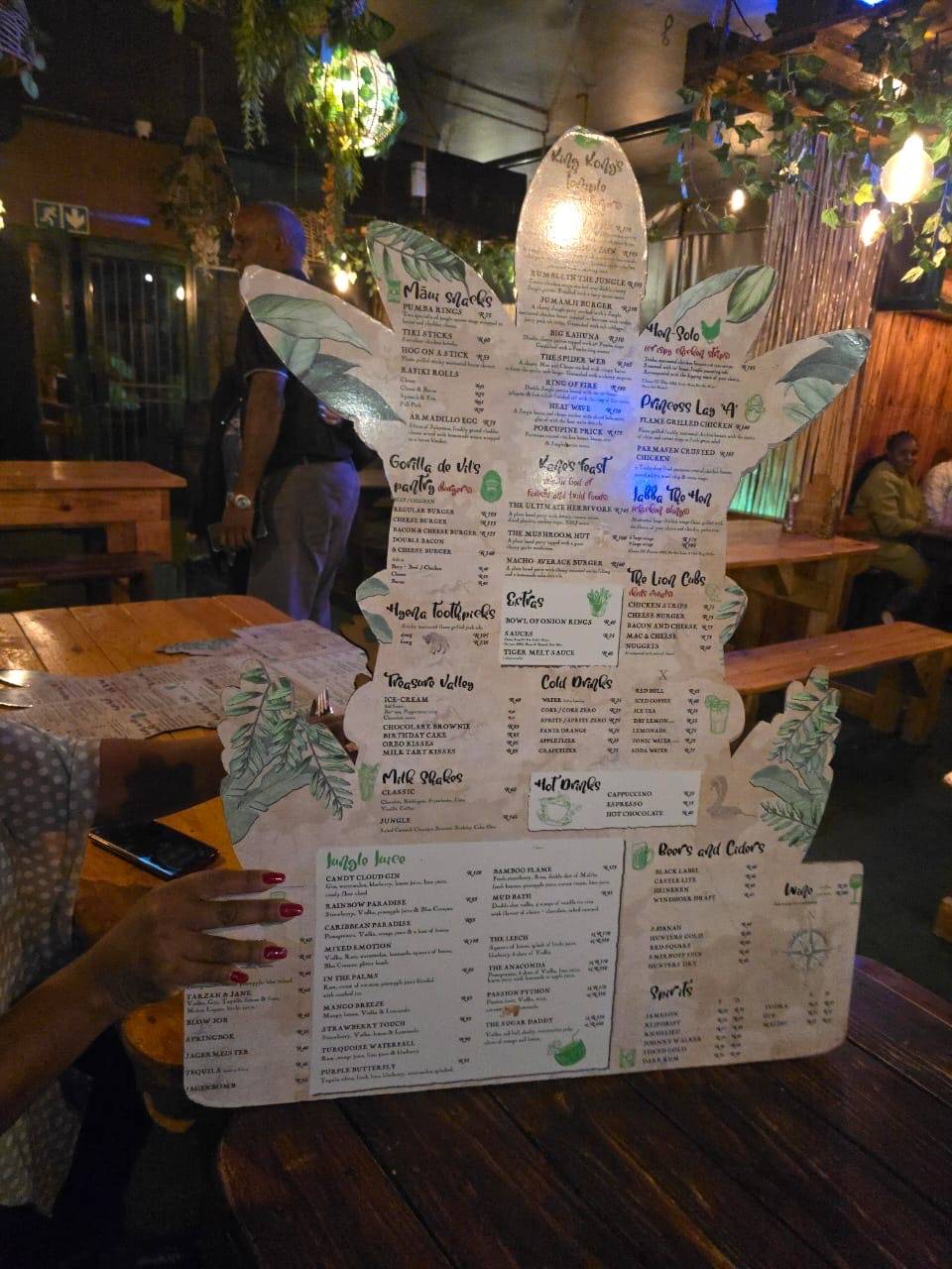 Menu at Jungle restaurant, Johannesburg