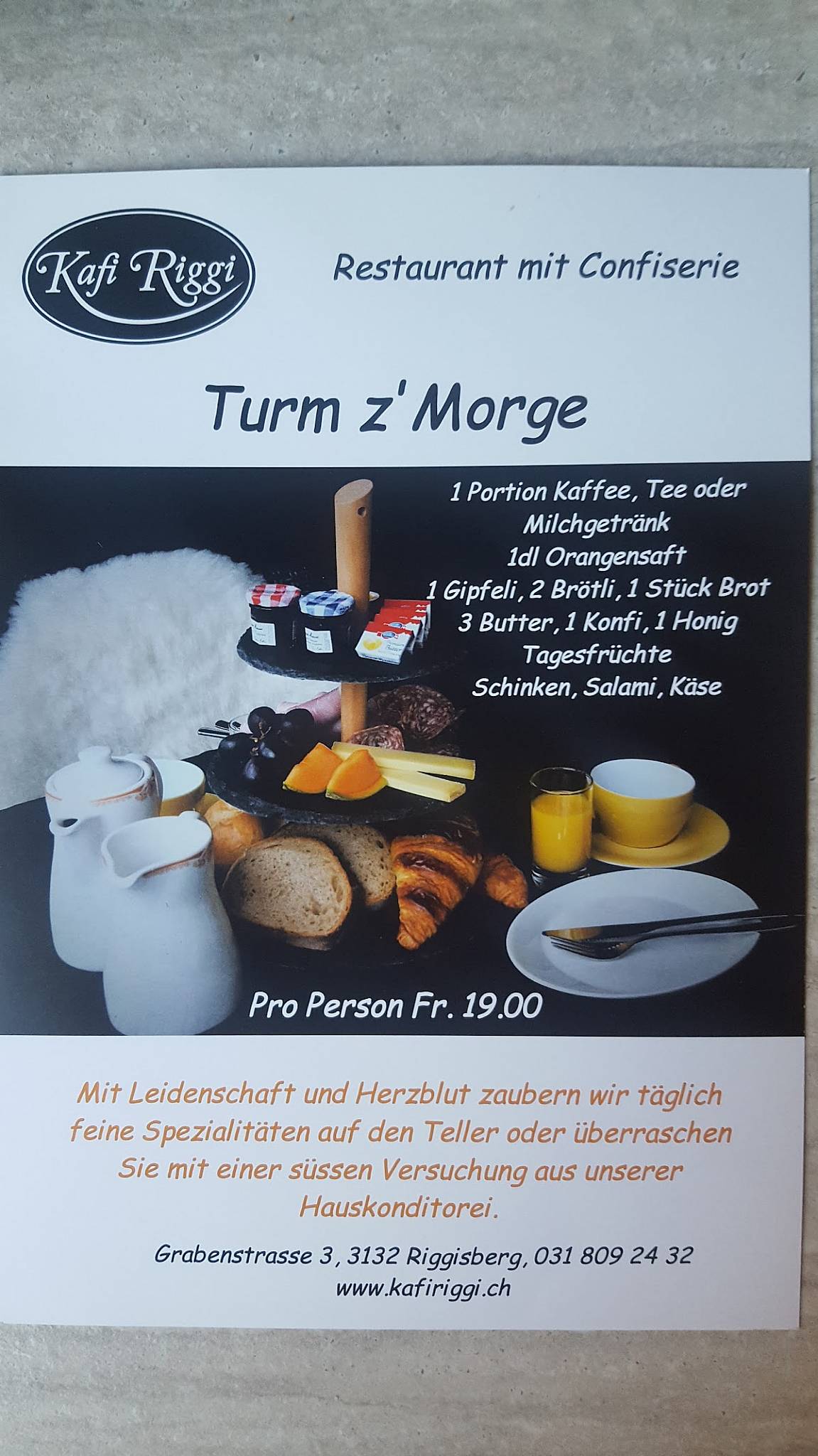 Speisekarte von Kafi Riggi, Riggisberg