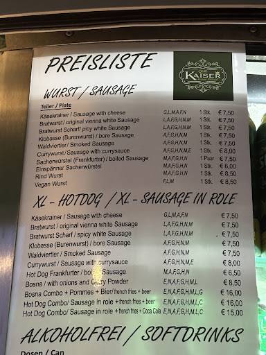 Speisekarte von Zum Kaiser Würstelstand restaurant, Wien, Krugerstraße 1