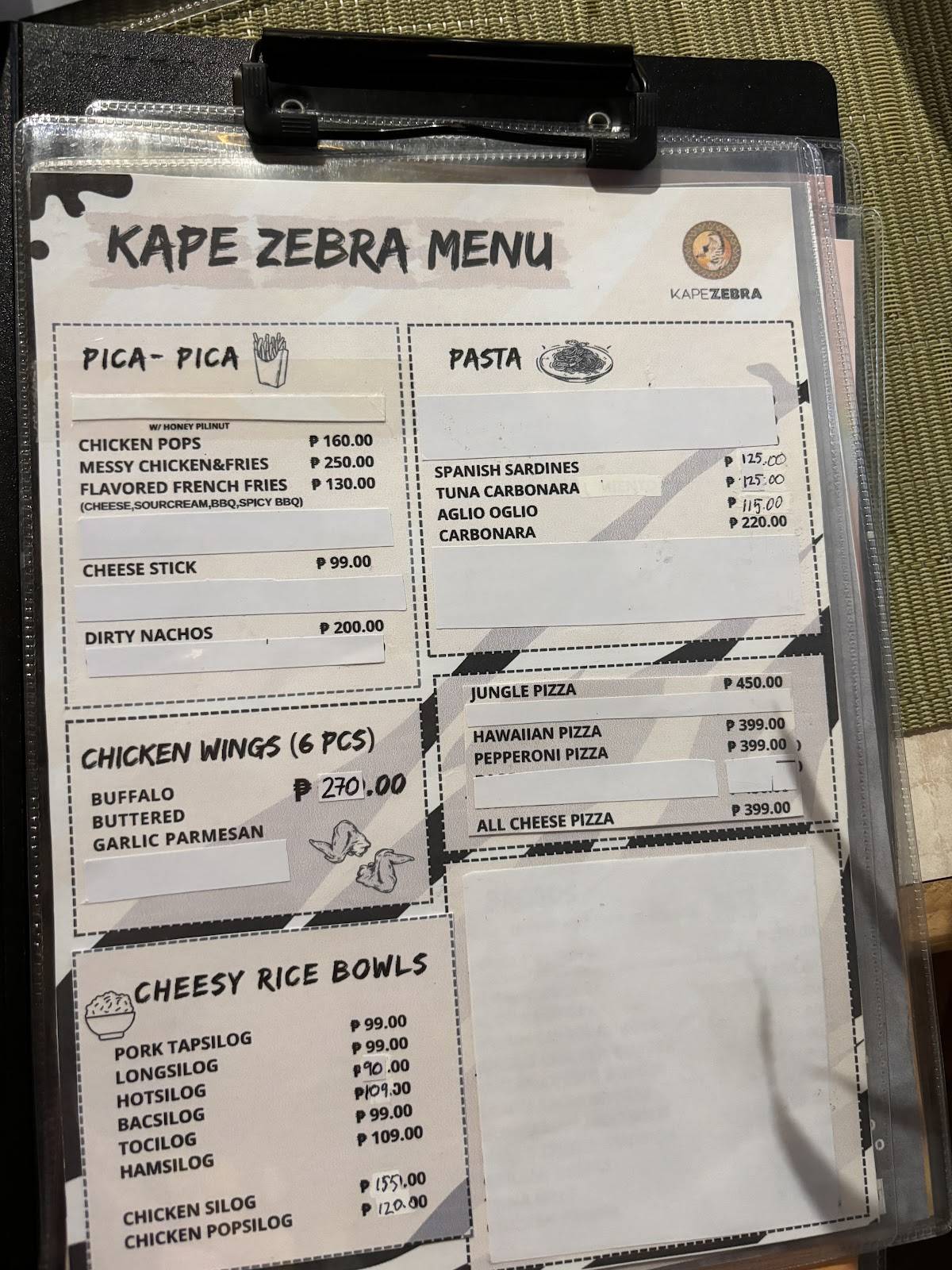 Menu at Kape Zebra Albay, Legazpi City