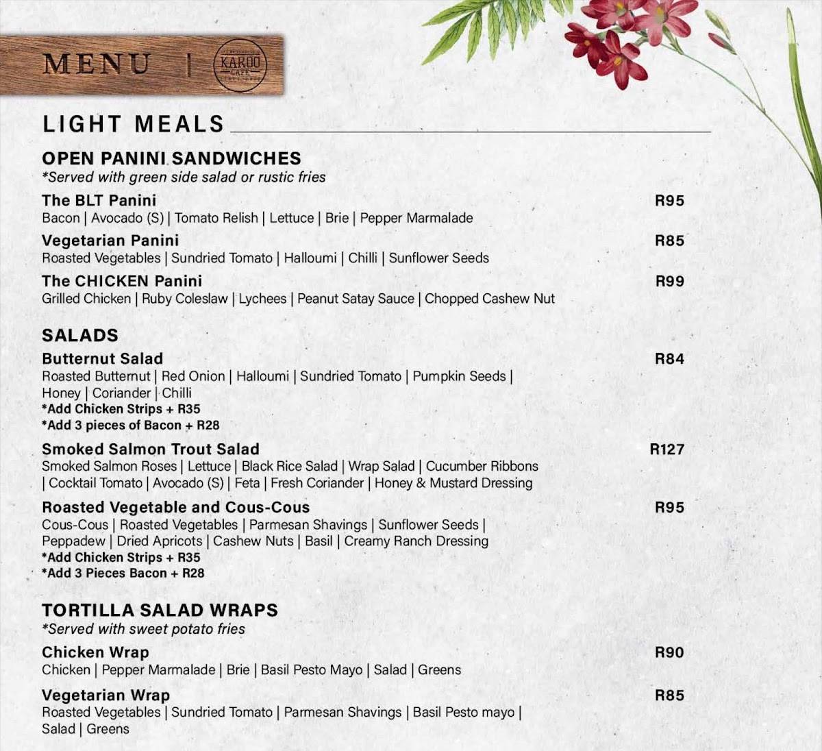 Menu at Karoo Cafe, Pretoria, 141 Lynnwood Rd