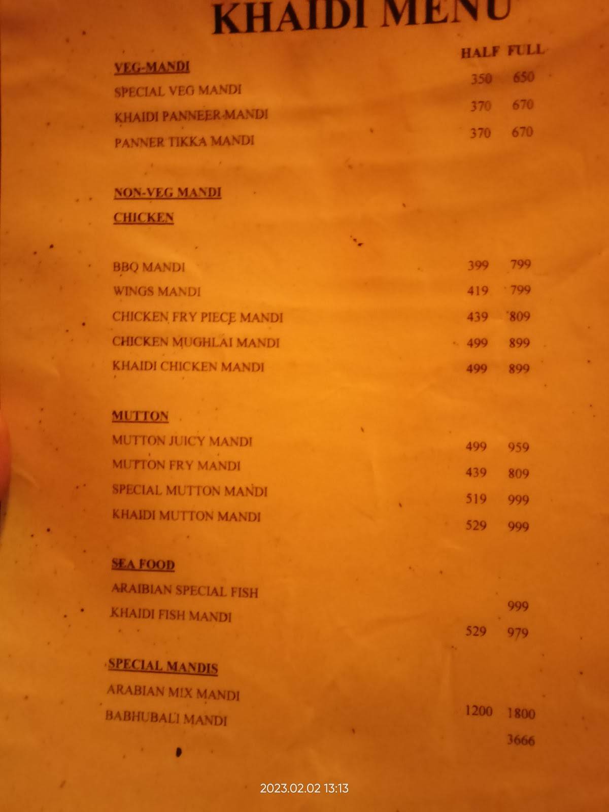 Menu at Khaidi Mandi, Kakinada
