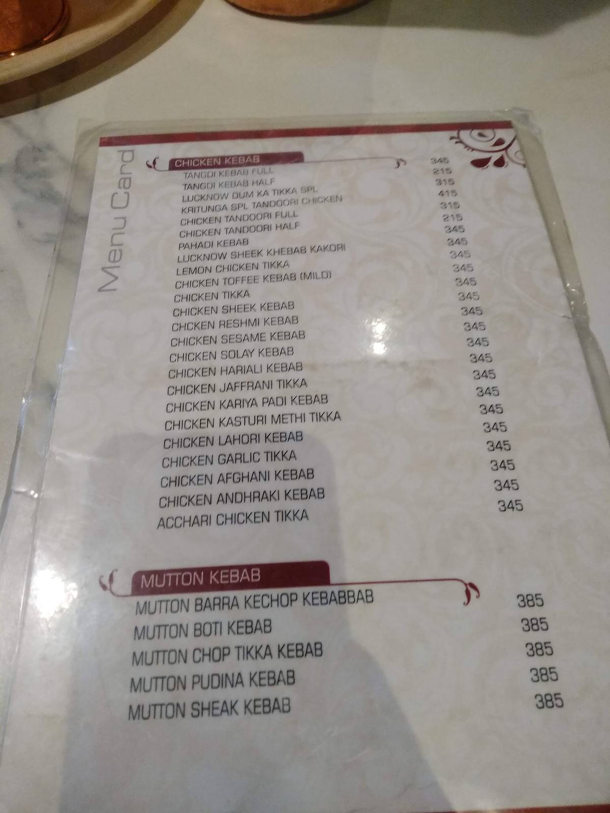 Menu at Kritunga restaurant, Hyderabad, PNR EMPIRE
