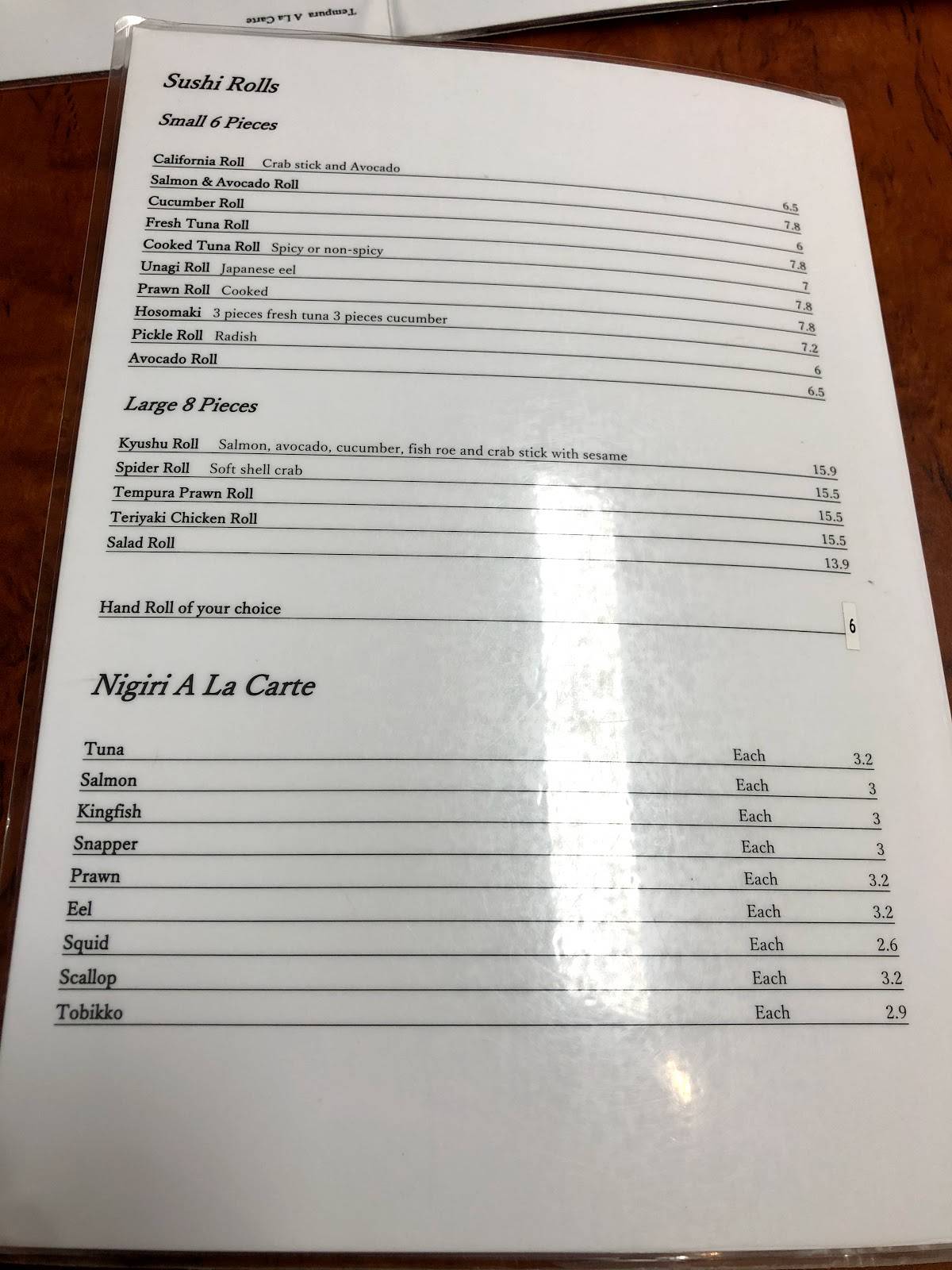 Menu at Kyushu Japanese Restaurant, Neutral Bay