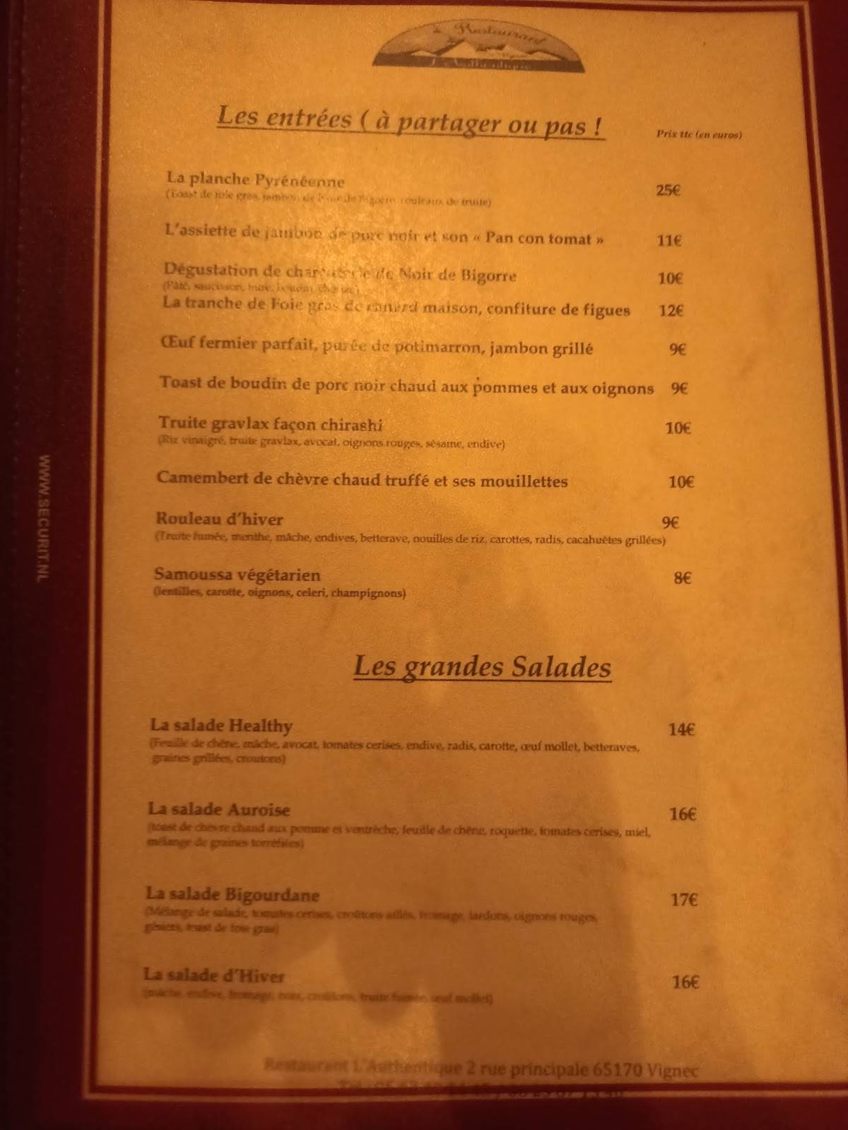 Menu au L authentique restaurant, Créances