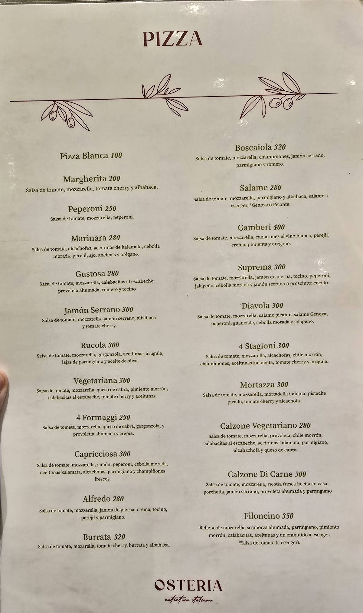 Carta del restaurante L'Osteria, Saltillo