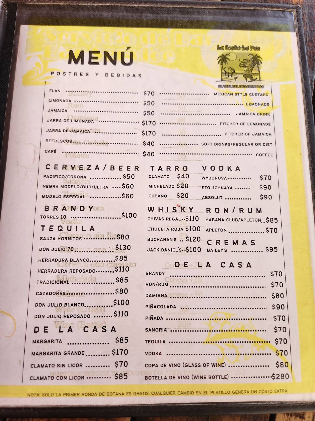 Menu at La Costa restaurant, La Paz, Antonio Navarro s/n