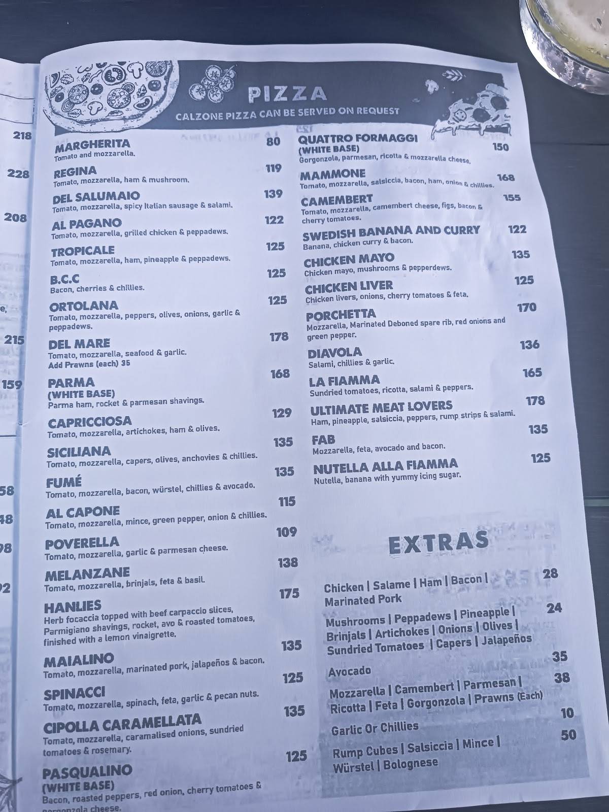 Menu at La Fiamma restaurant, Pretoria