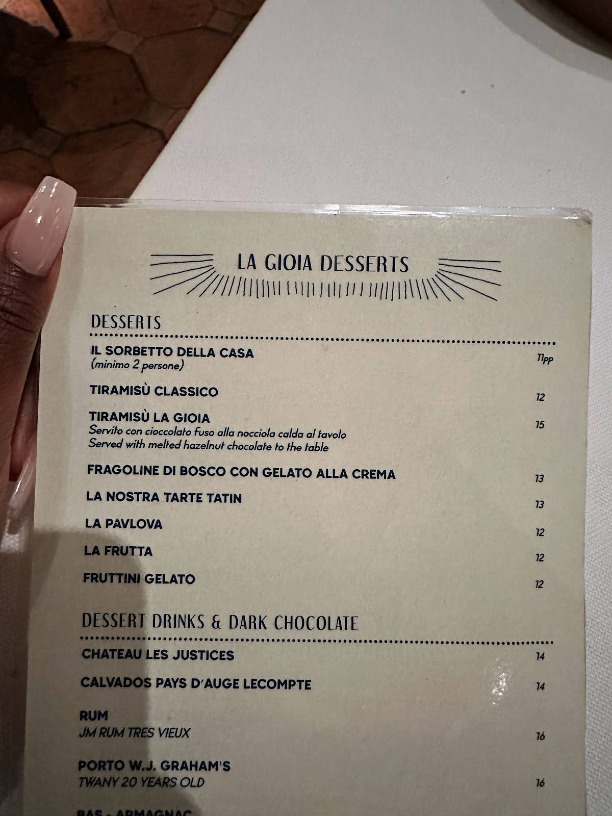 Menu da La Gioia ristorante, Milano