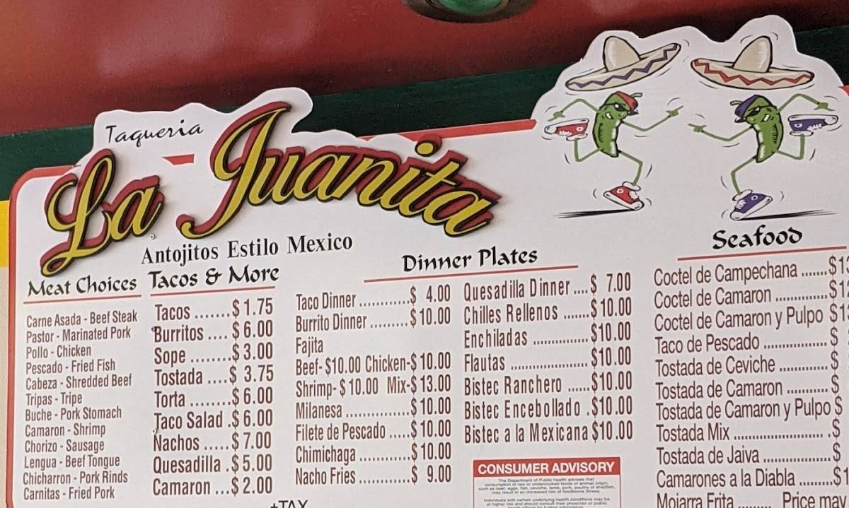 Menu at La Juanita restaurant, Sioux City, Pierce St