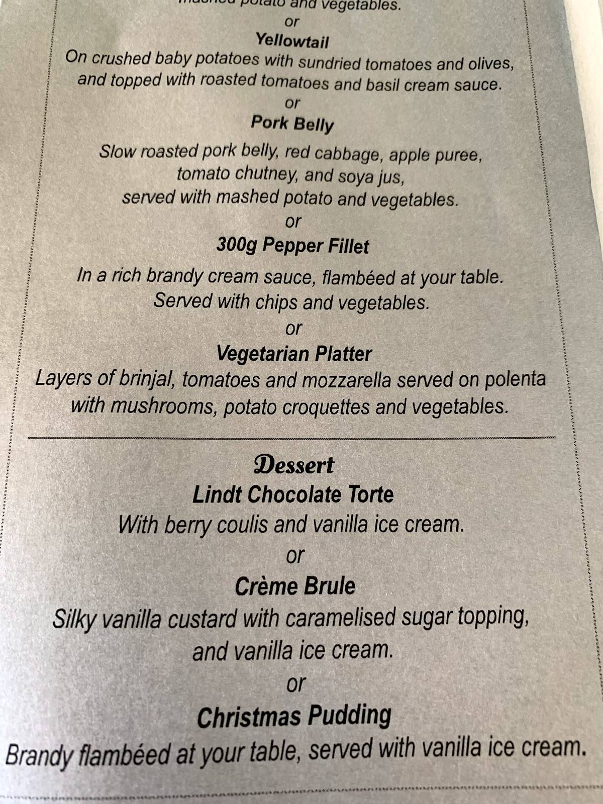 Menu at La Pineta restaurant, Stellenbosch, R44