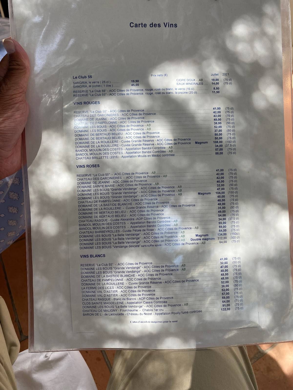 Menu at Le Club 55, Ramatuelle