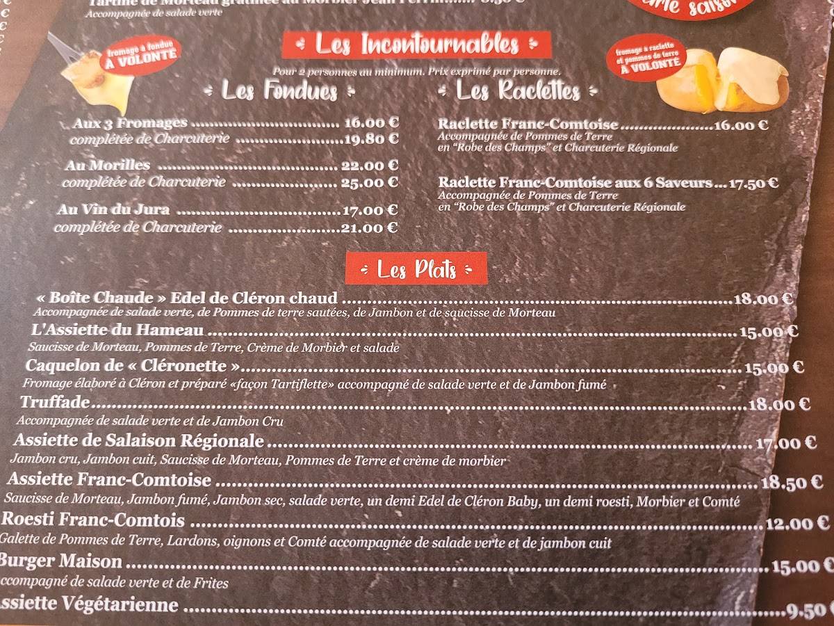 Menu au Le Hameau du Fromage restaurant, Cléron