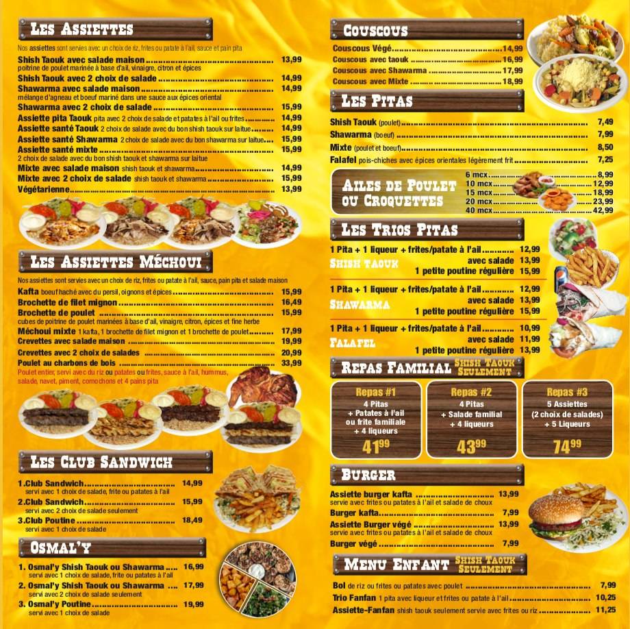 Menu au Restaurant Le Taouk Cuisine Libanaise, Varennes