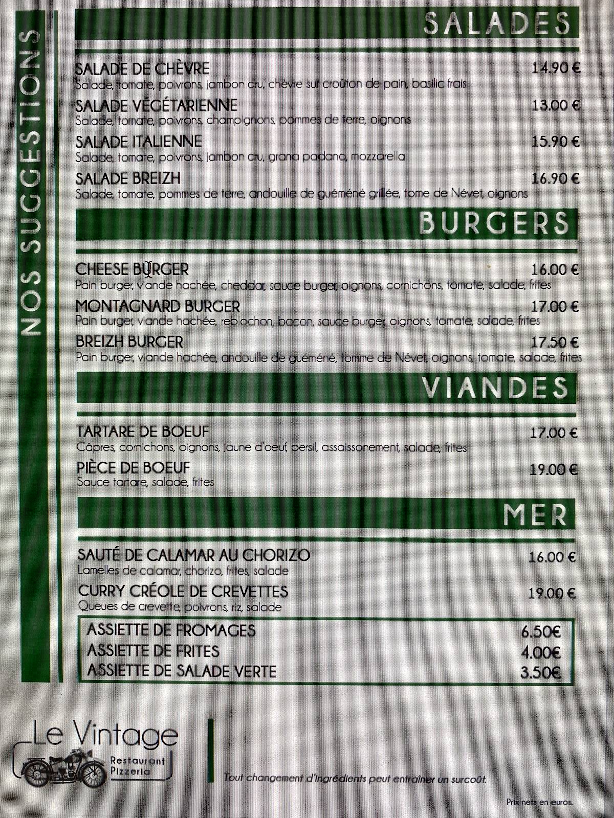 Menu au Le Vintage restaurant, Douarnenez