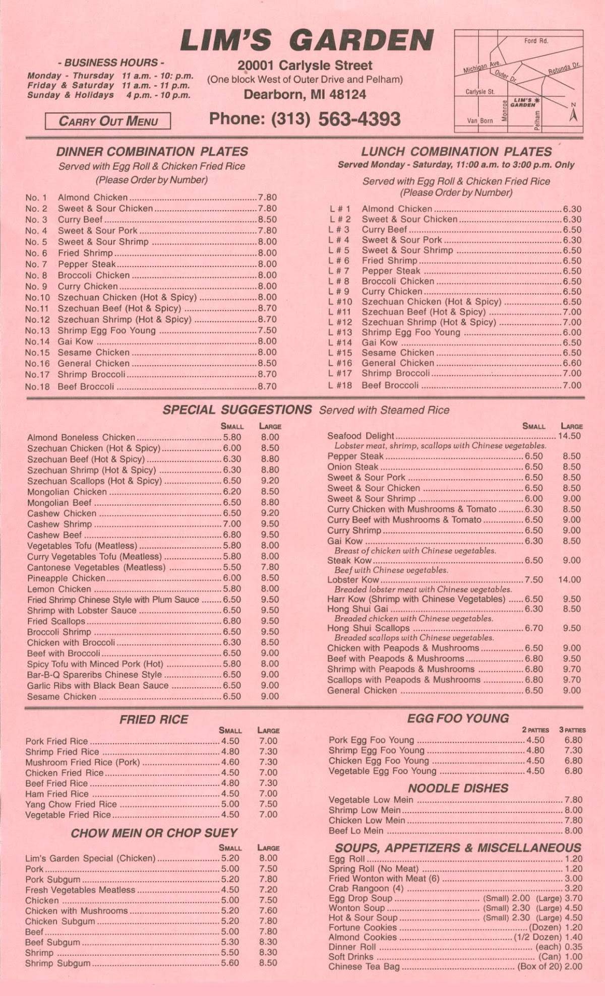 Menu at Lim's Garden restaurant, Dearborn