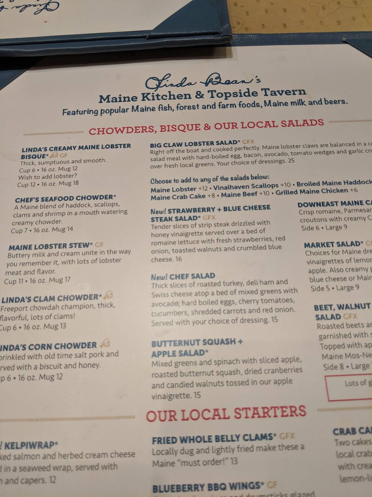 Menu at Linda Bean’s Maine Kitchen & Topside Tavern restaurant, Freeport