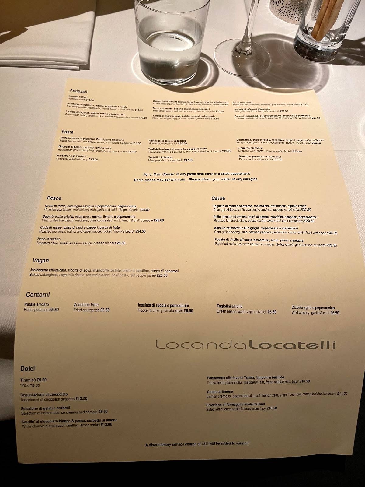 Menu at Locanda Locatelli restaurant, London