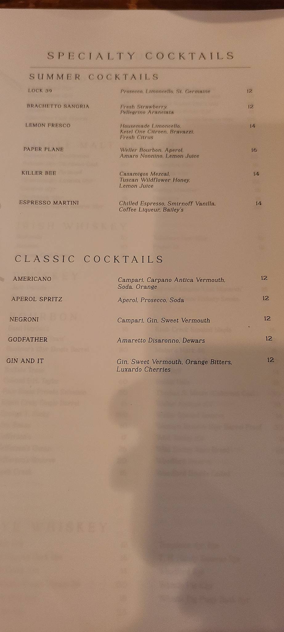 Menu at LockKeepers restaurant, Valley View