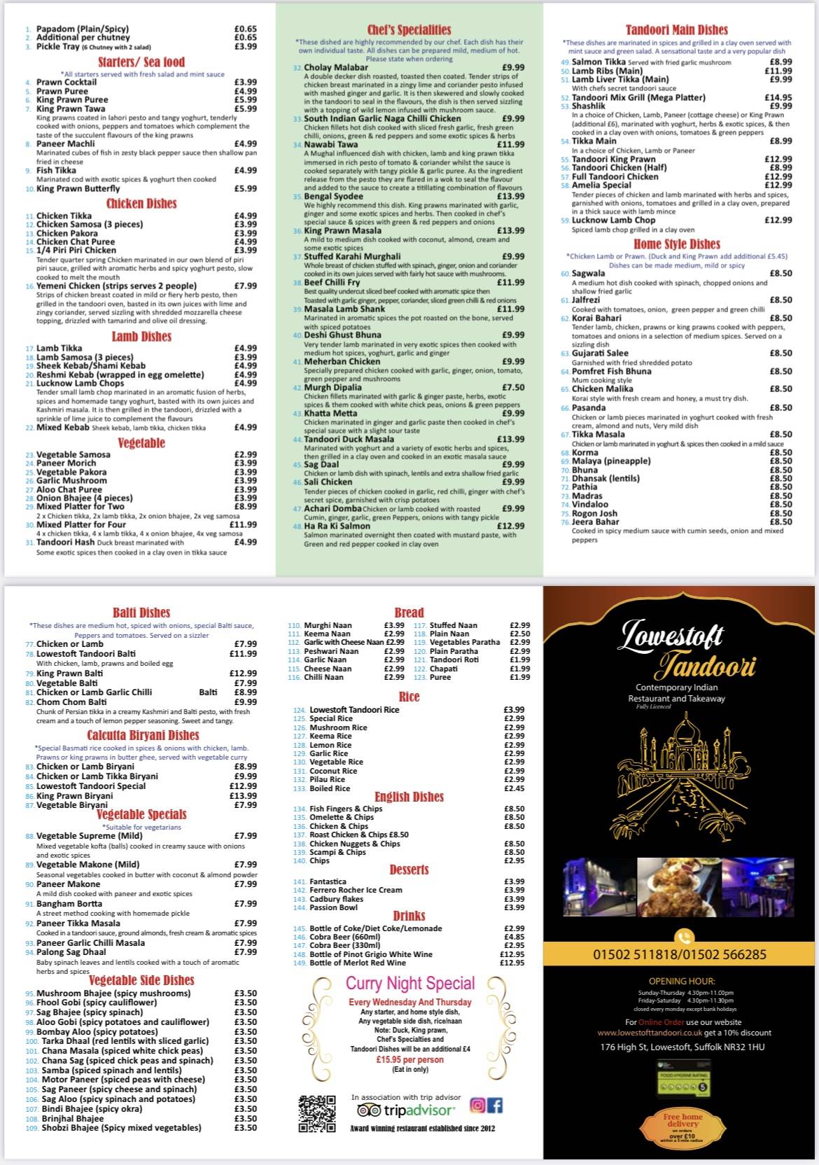 Menu at Lowestoft Tandoori restaurant, Lowestoft, 176 High St