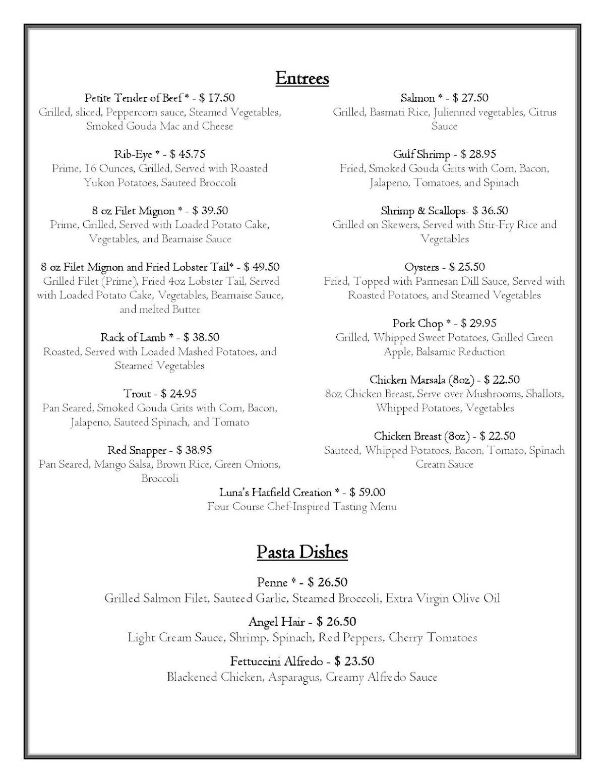 Menu at Luna's Restaurant, Gainesville