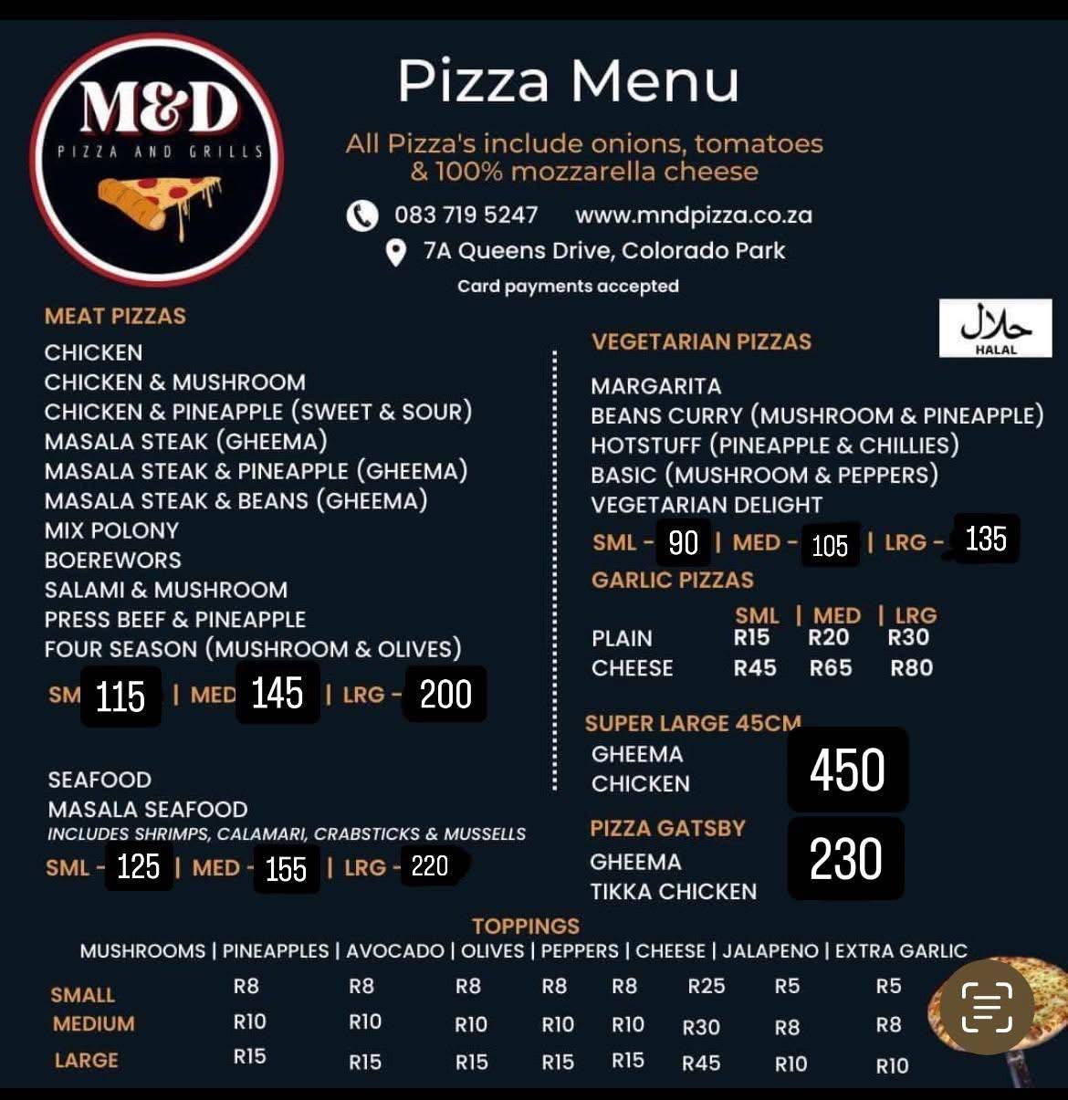 Menu at M&D Pizza & Burger restaurant, Cape Town
