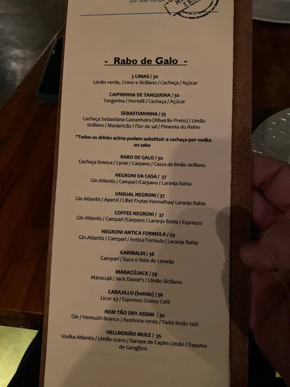 Menu em MESA por João Rangel restaurante, Ribeirão Preto