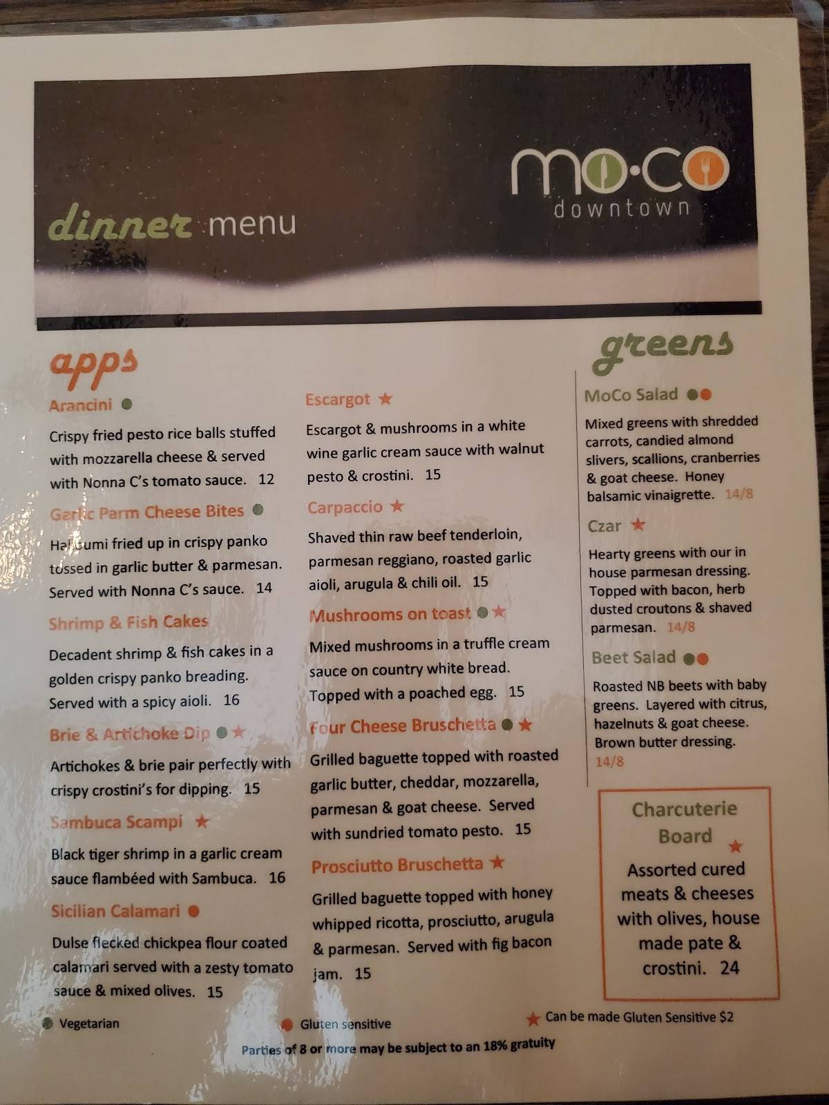 Menu at MOCO Downtown restaurant, Fredericton, 100 Regent St
