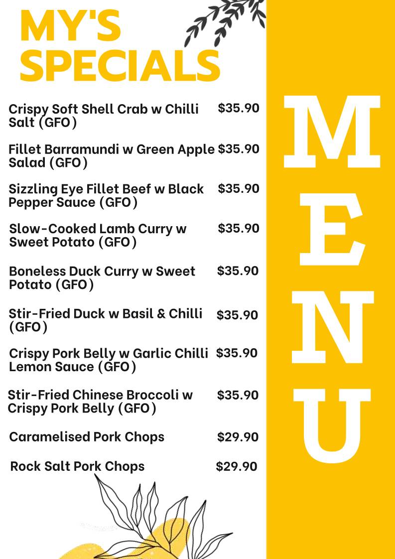 Menu at MY's Restaurant, Garran