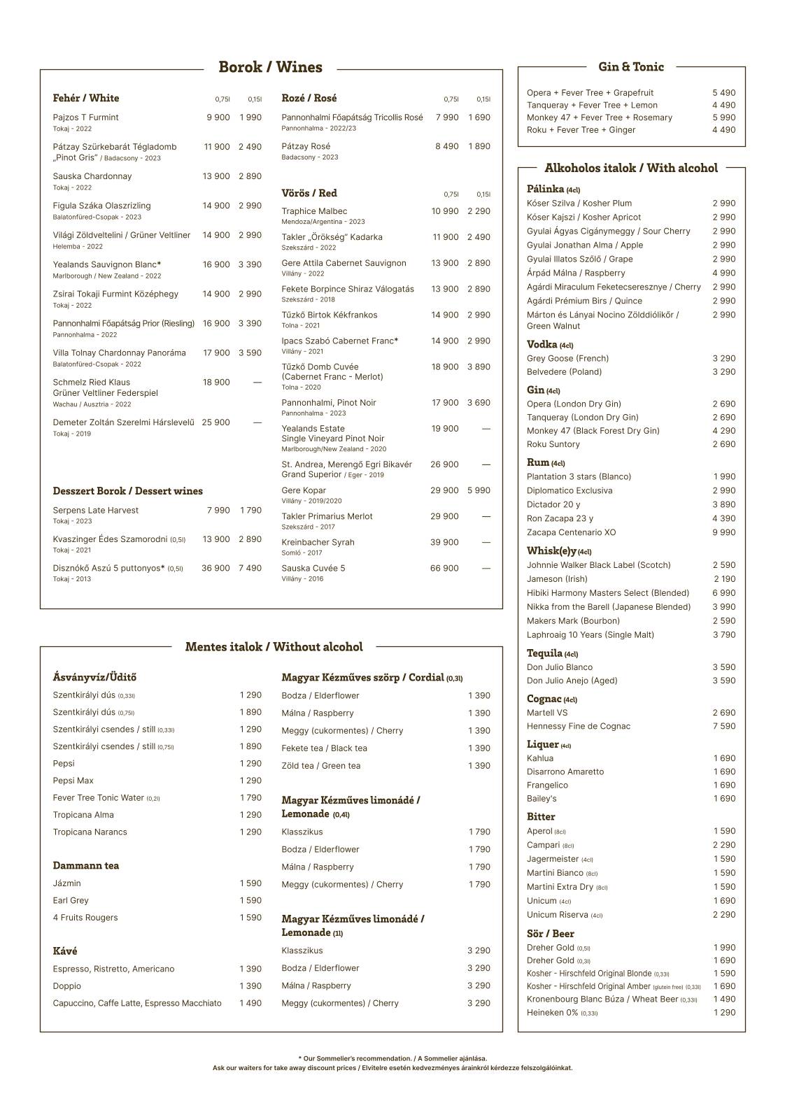Menu at Macesz Bistro restaurant, Budapest