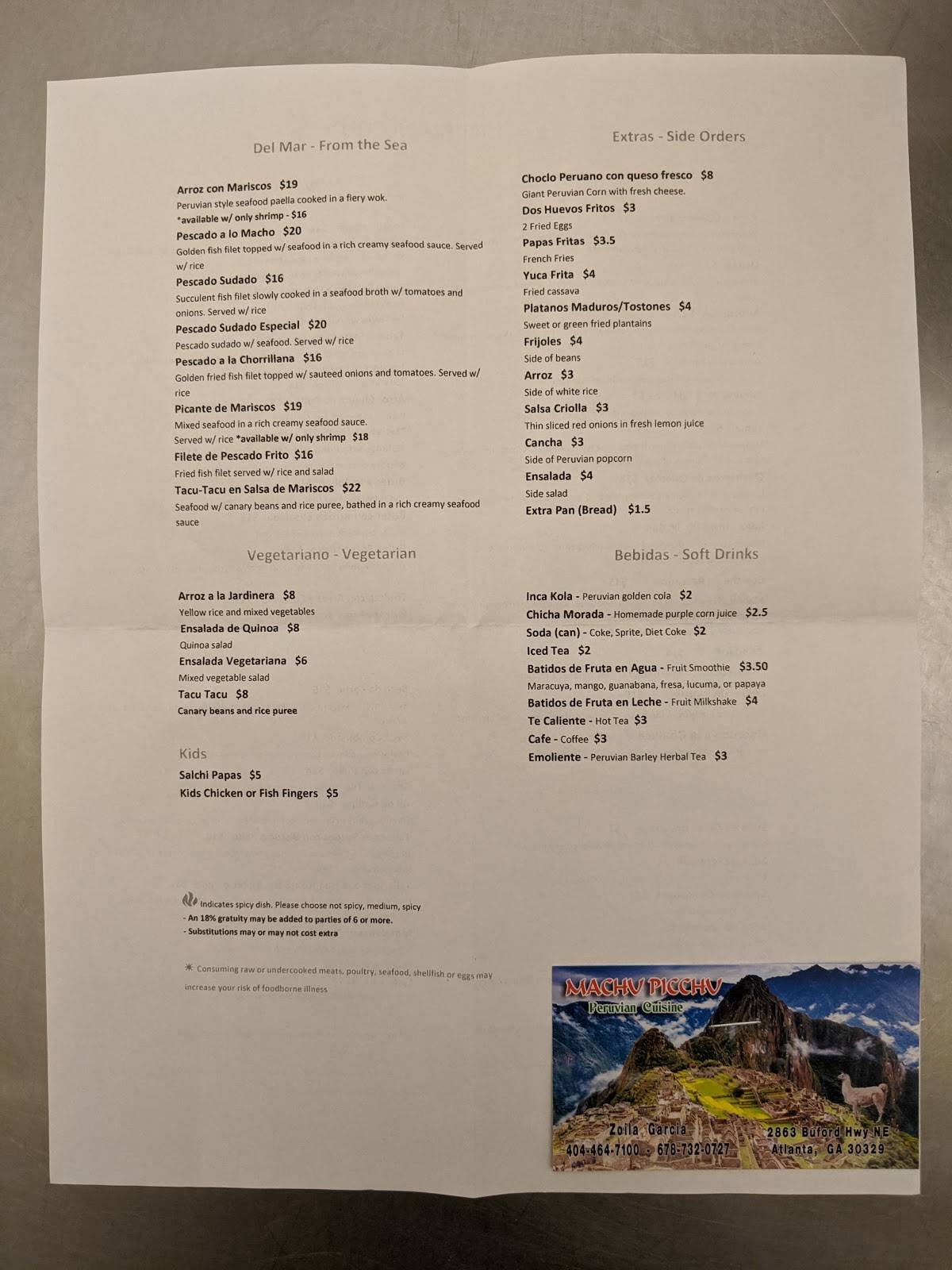 Menu at Machu Picchu Restaurant, Atlanta, Buford Hwy NE