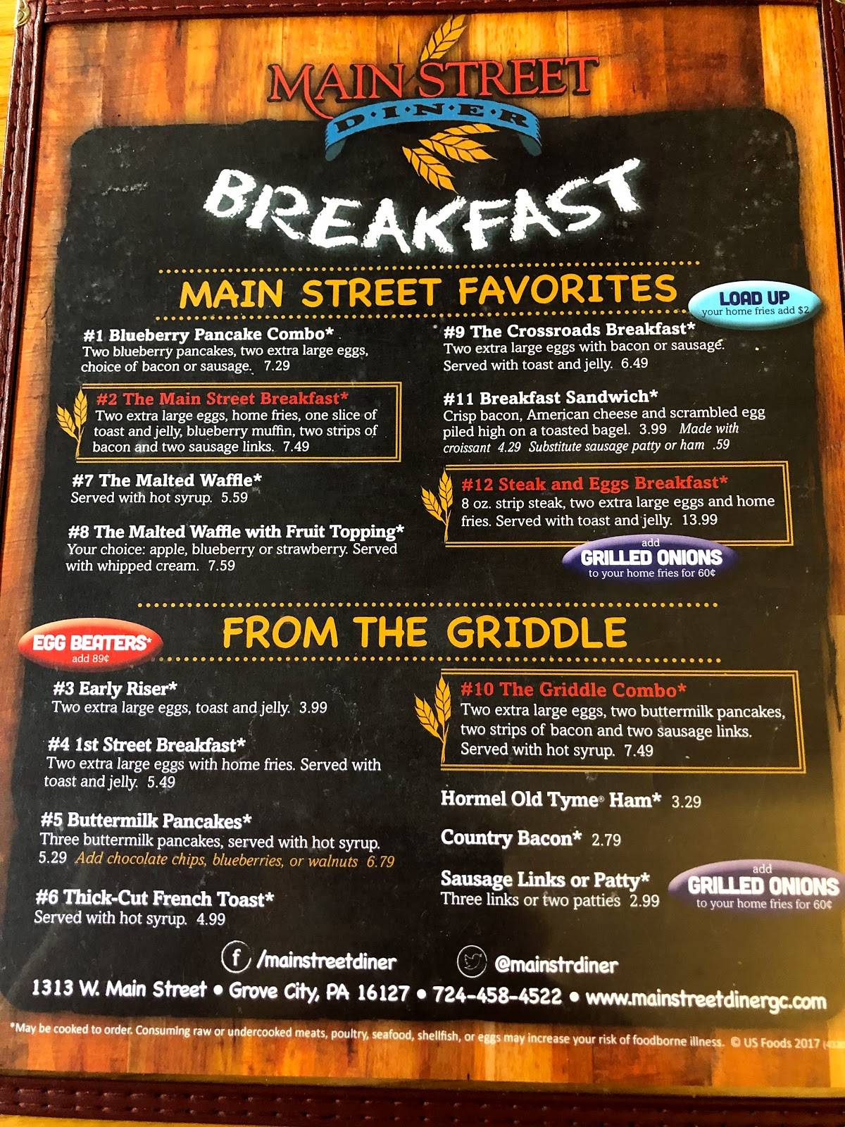 Menu at Main Street Diner restaurant, Grove City
