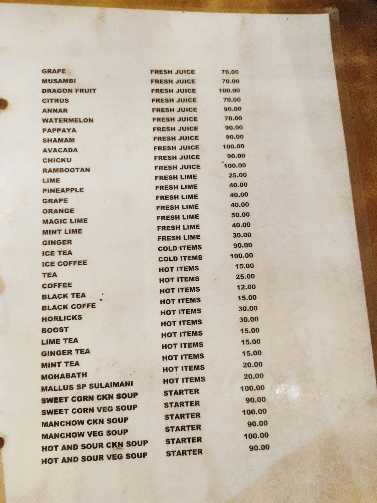 Menu at Mallus Makkani, Edamuttam
