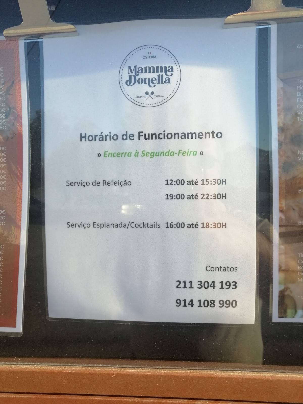 Menu em Mamma Donella restaurante, Queluz