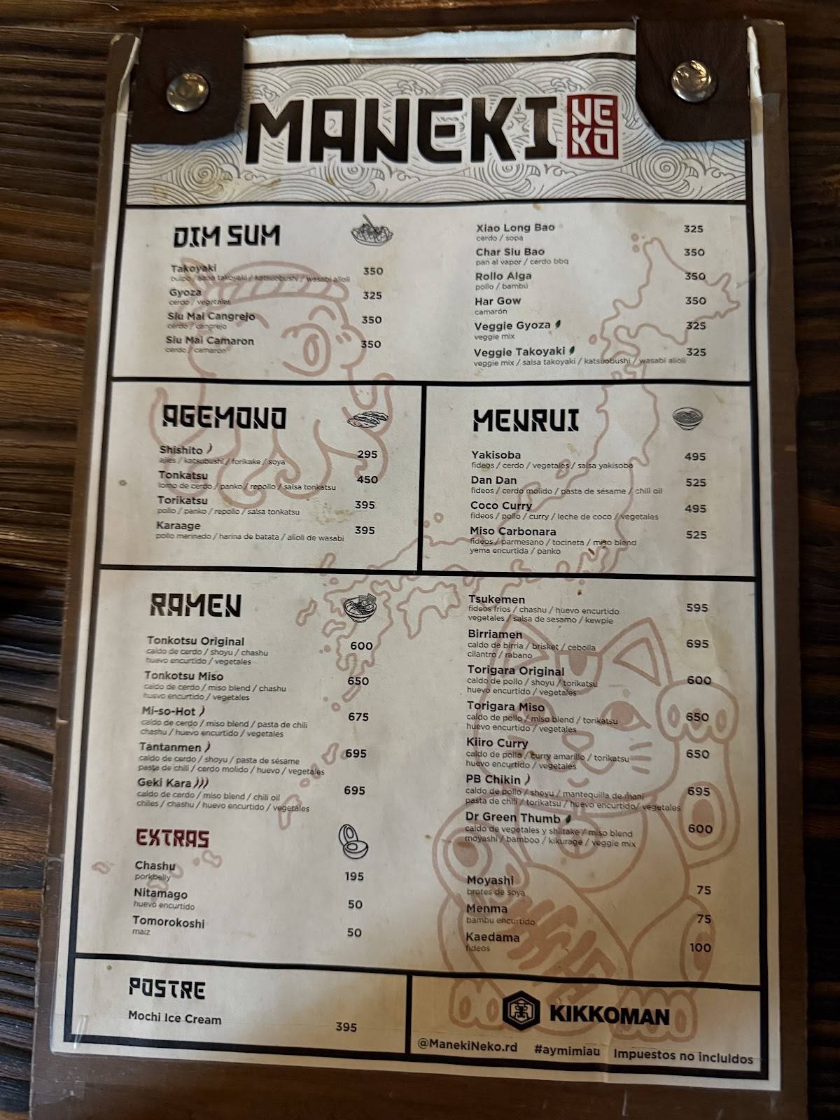 Carta del restaurante Maneki Neko, Santo Domingo