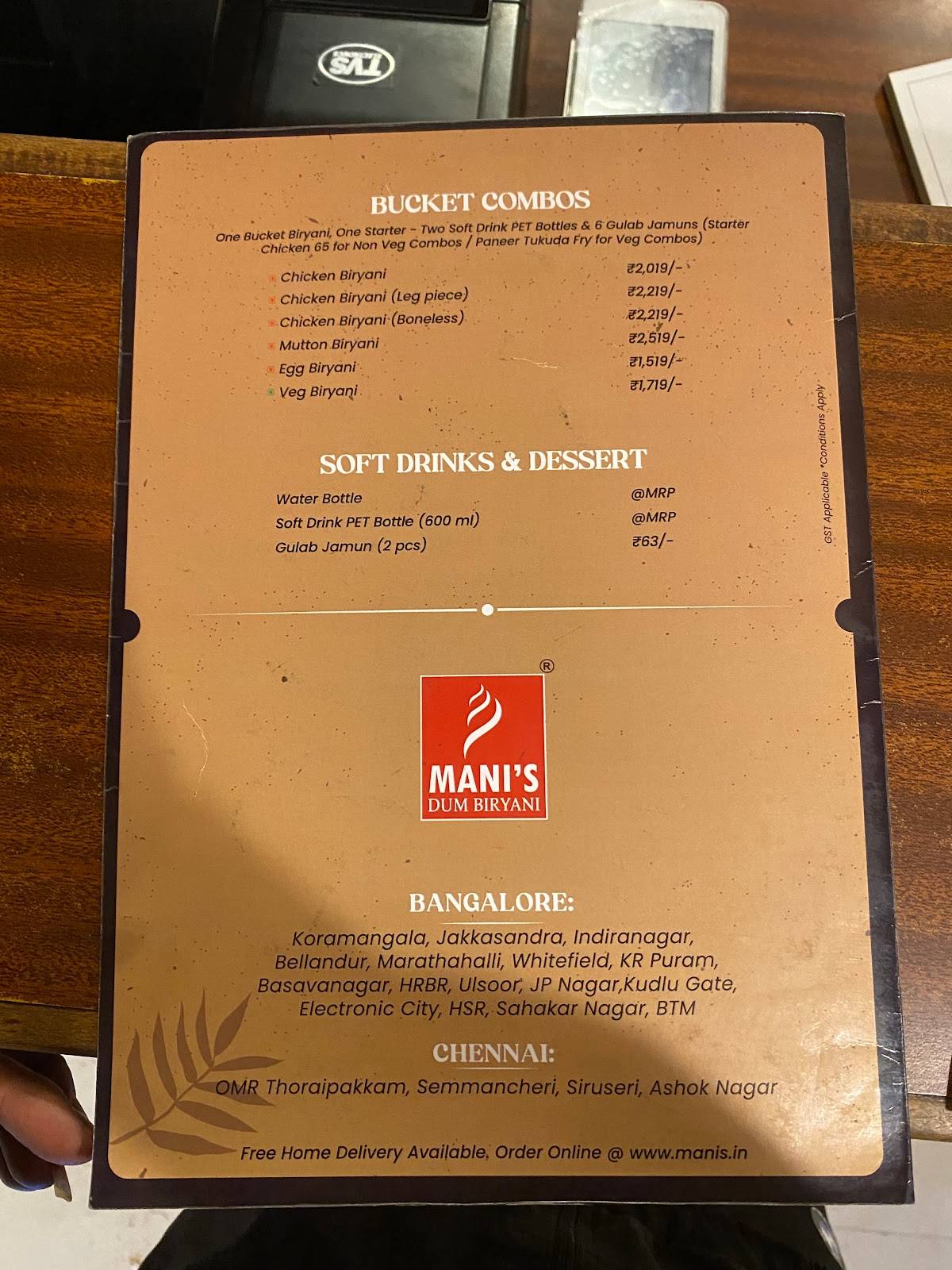 Menu at Mani's Dum Biryani - J P Nagar, Bengaluru, 1st Floor