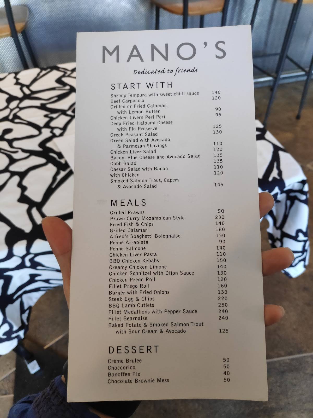 Menu at Mano's restaurant, Cape Town